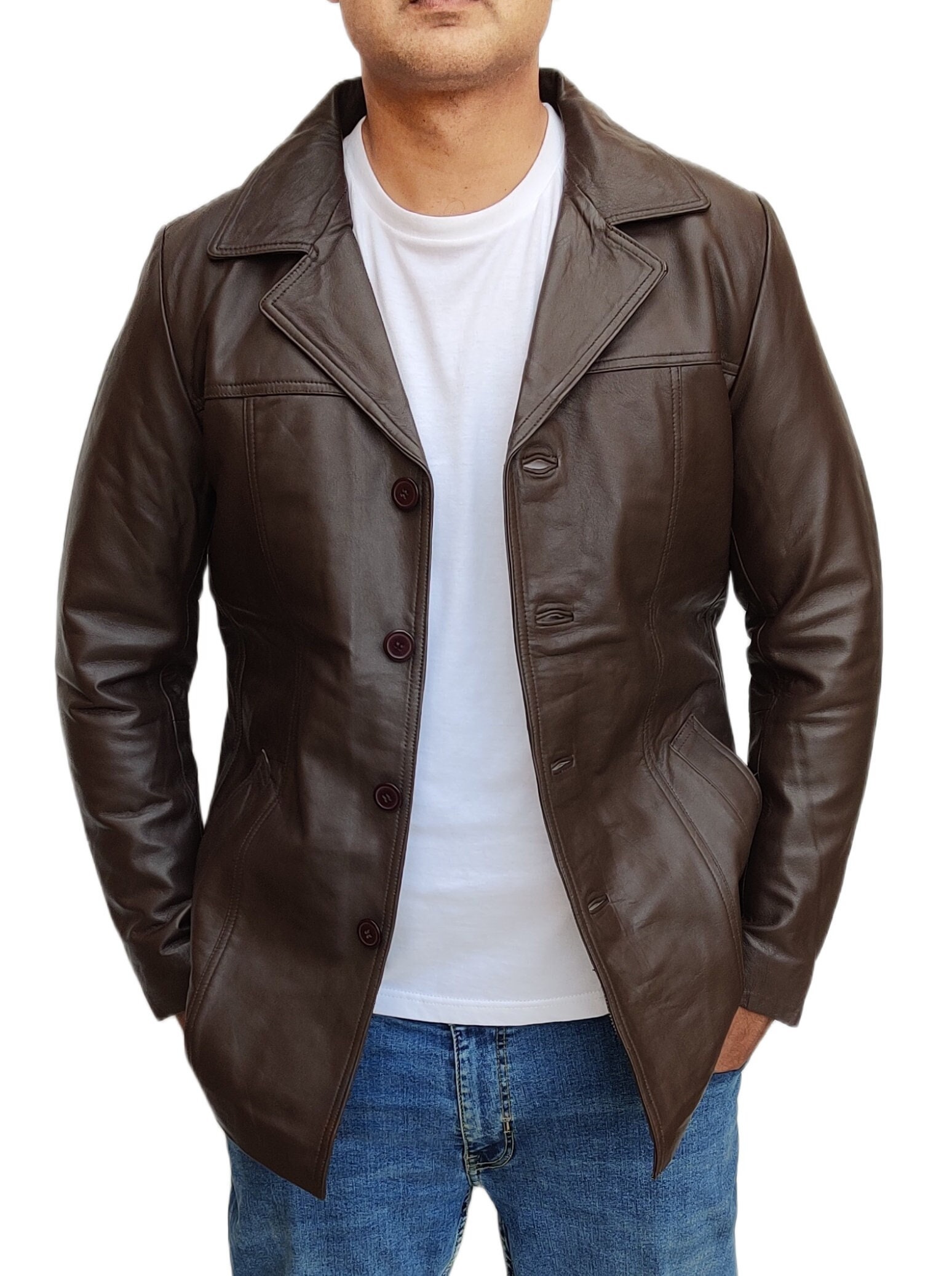 Leather Coat for Men, Genuine Men's Brown Leather Trench Coat, Smart ...
