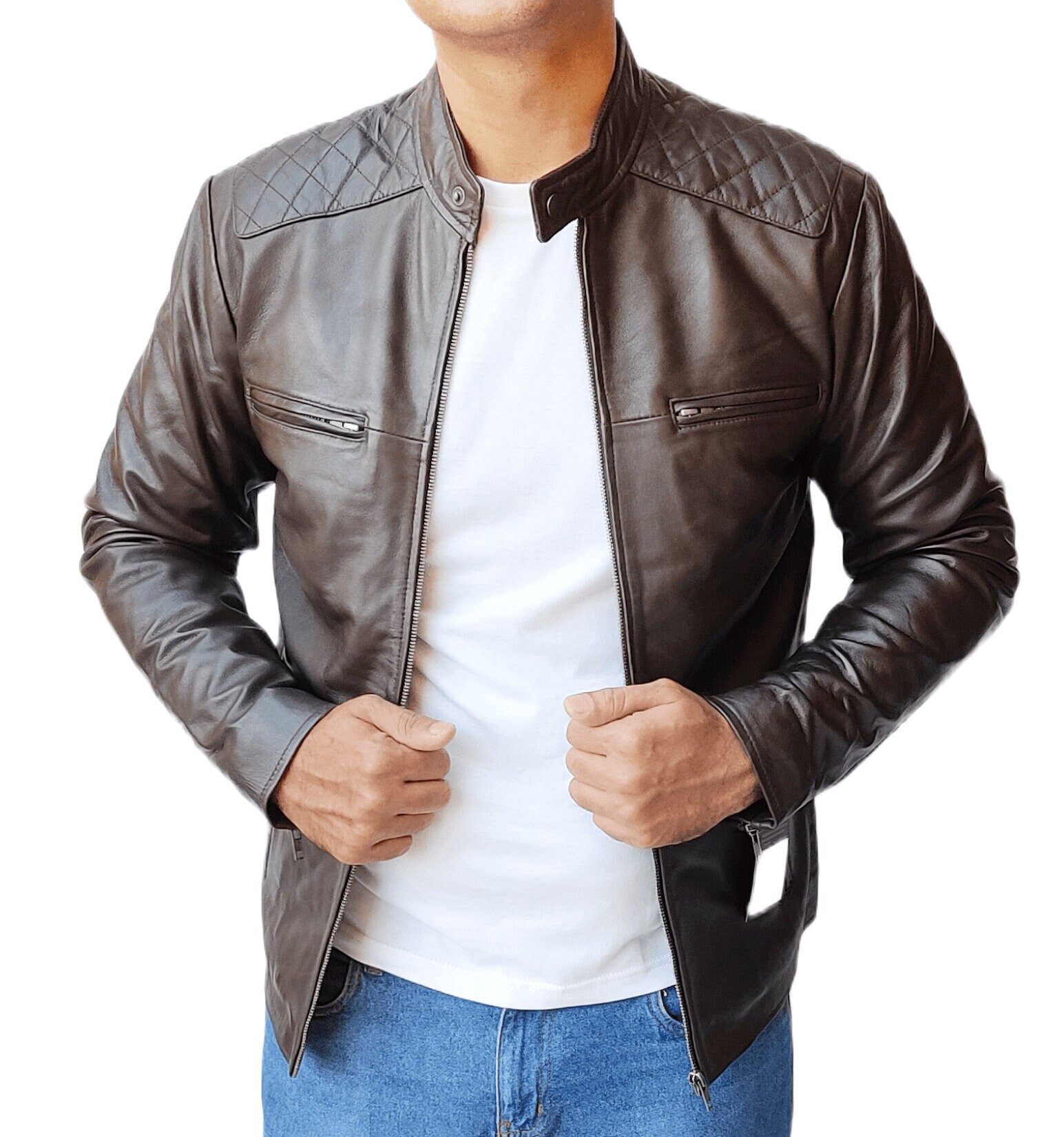 Men's Lambskin Brown Leather Jacket, Mens Handmade Quilted Sheepskin Leather Motorcycle Jacket ...