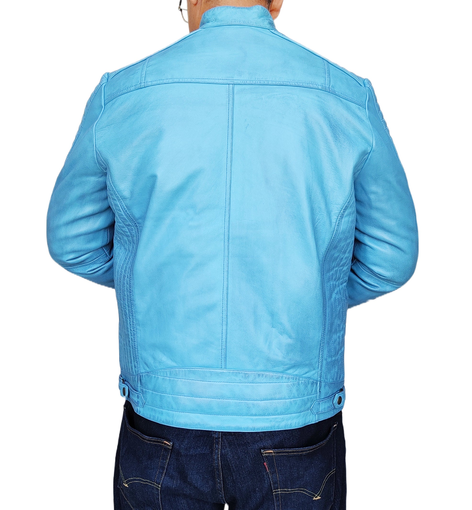Men's SKY BLUE Leather Jacket Casual Style Jacket With Band Collar ...