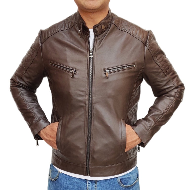 Men's Lambskin Leather Cafe Racing Jacket, Cafe Racer Brown Leather ...