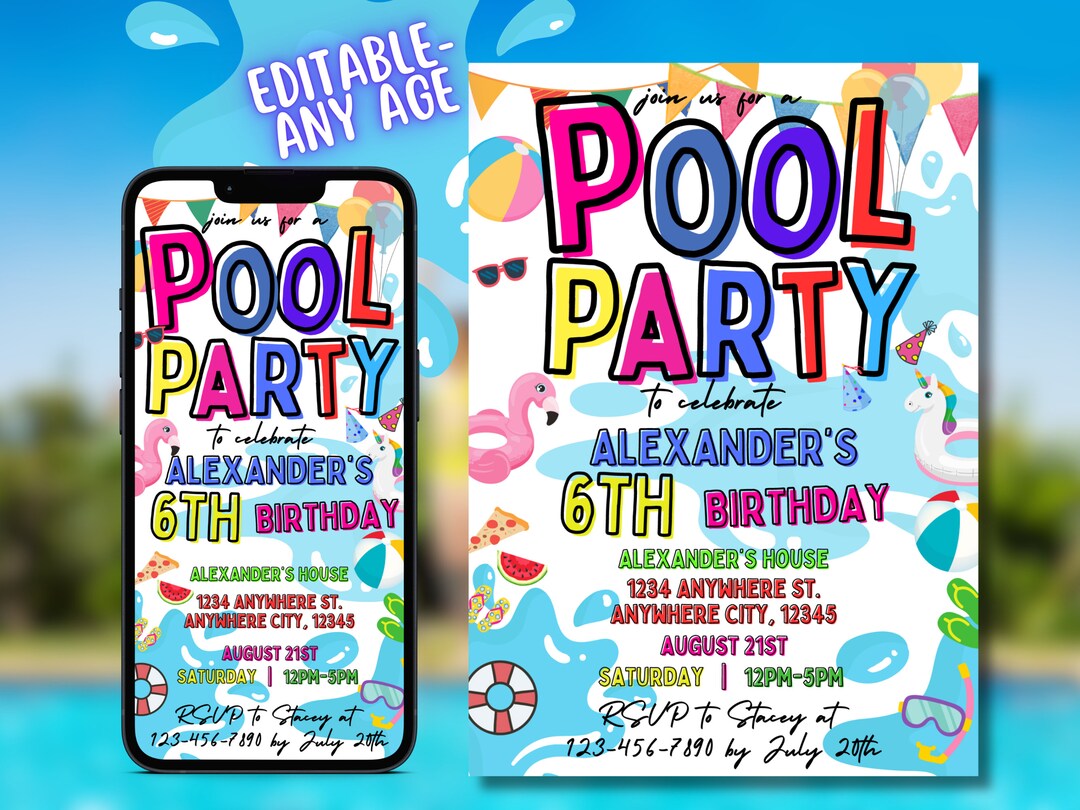 Pool Party Editable Invitation, Summer Birthday Party Evite, Text ...