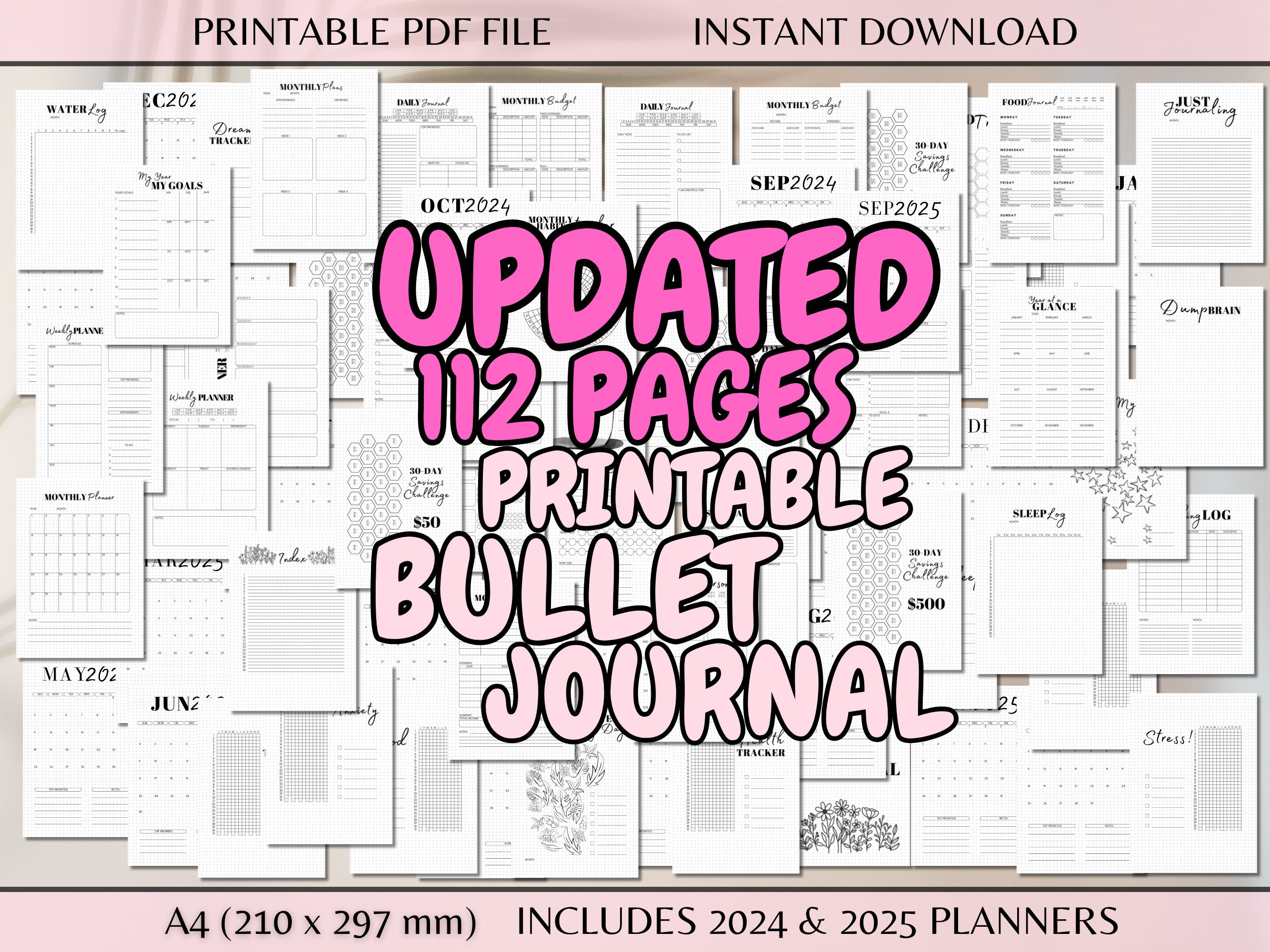 Printable Yearly Bullet Journal Bujo Spread A4 Size Daily Weekly ...