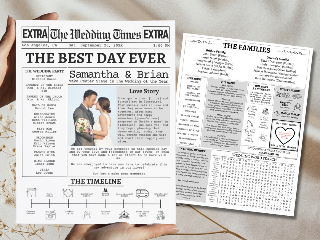 Newspaper Wedding Program Template Printable Wedding Program Timeline ...