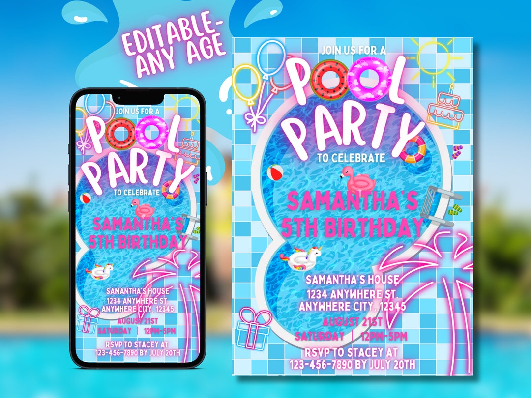 Pool Party Editable Invitation, Summer Birthday Party Evite, Text ...