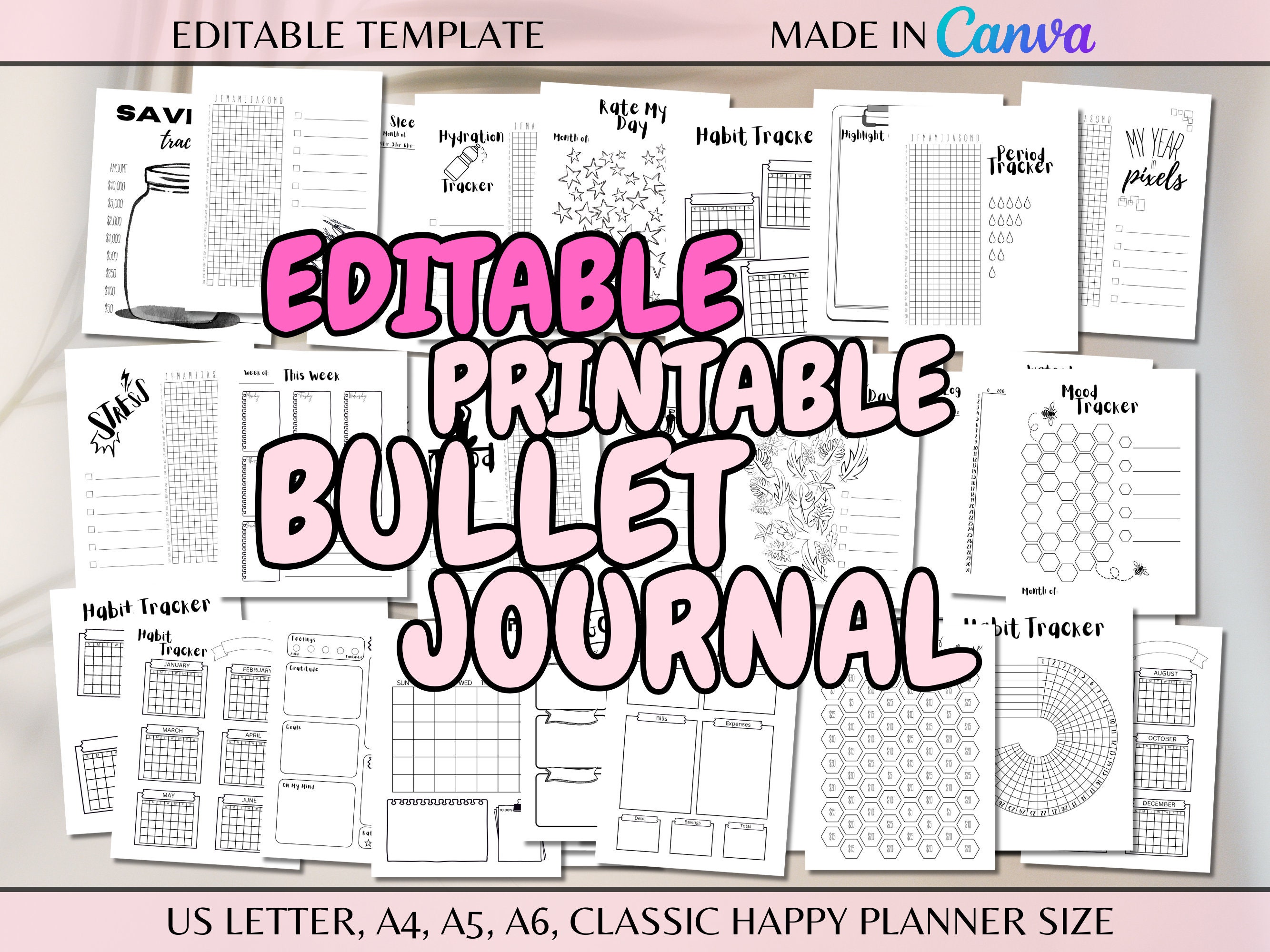 Editable Yearly Bullet Journal Templates Bujo US Letter A4 A5 A6 ...