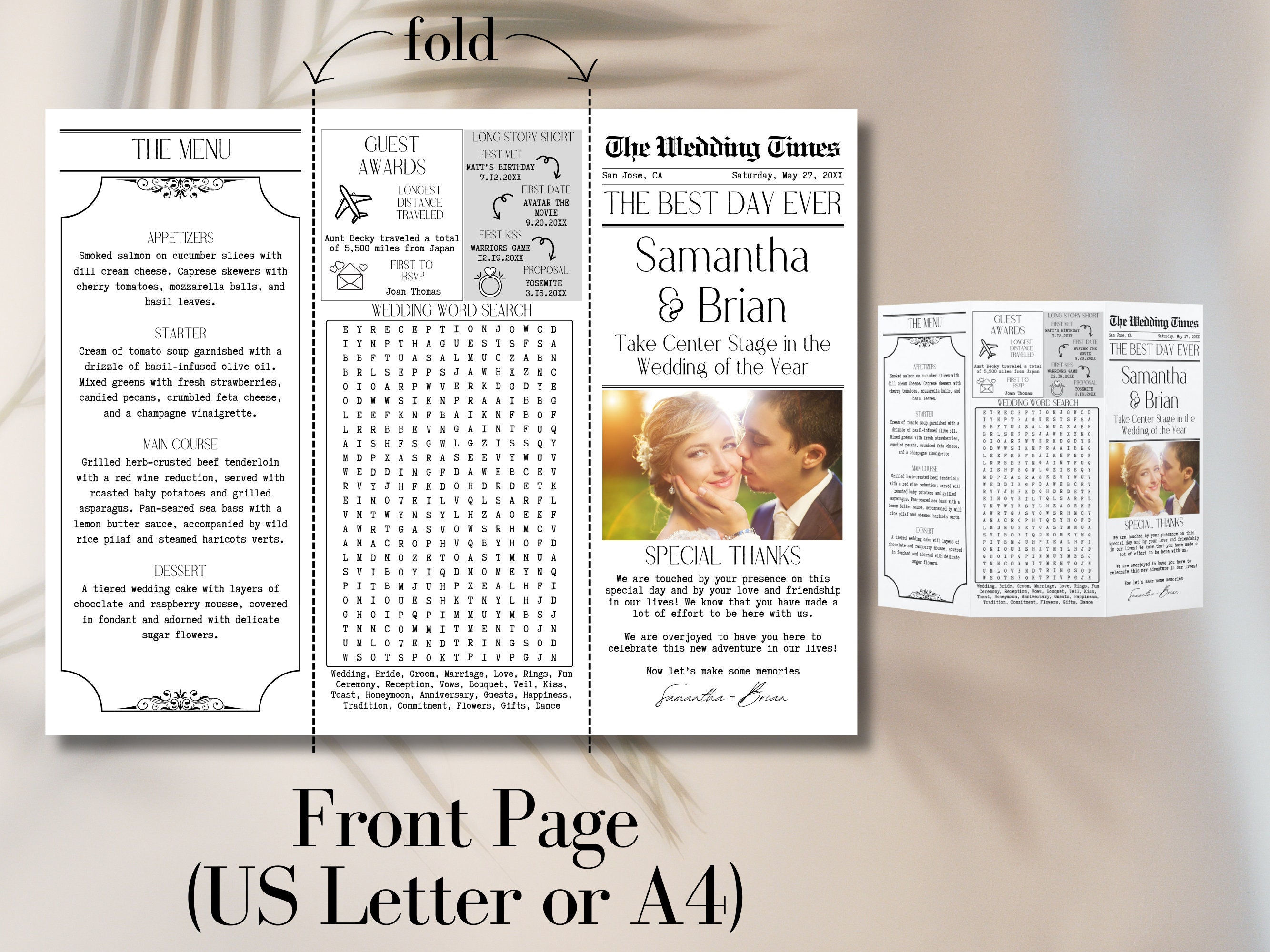 Trifold Newspaper Wedding Program, Canva Template, Printable Wedding ...
