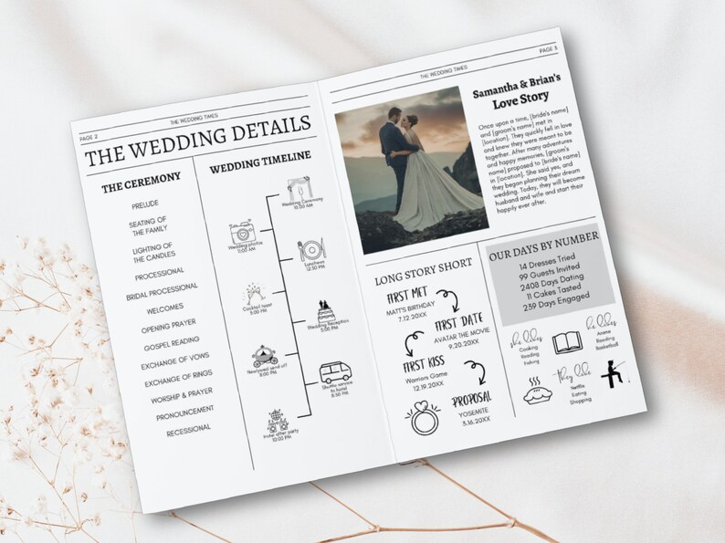 Folded Newspaper Wedding Program, Canva Template, Printable Wedding ...