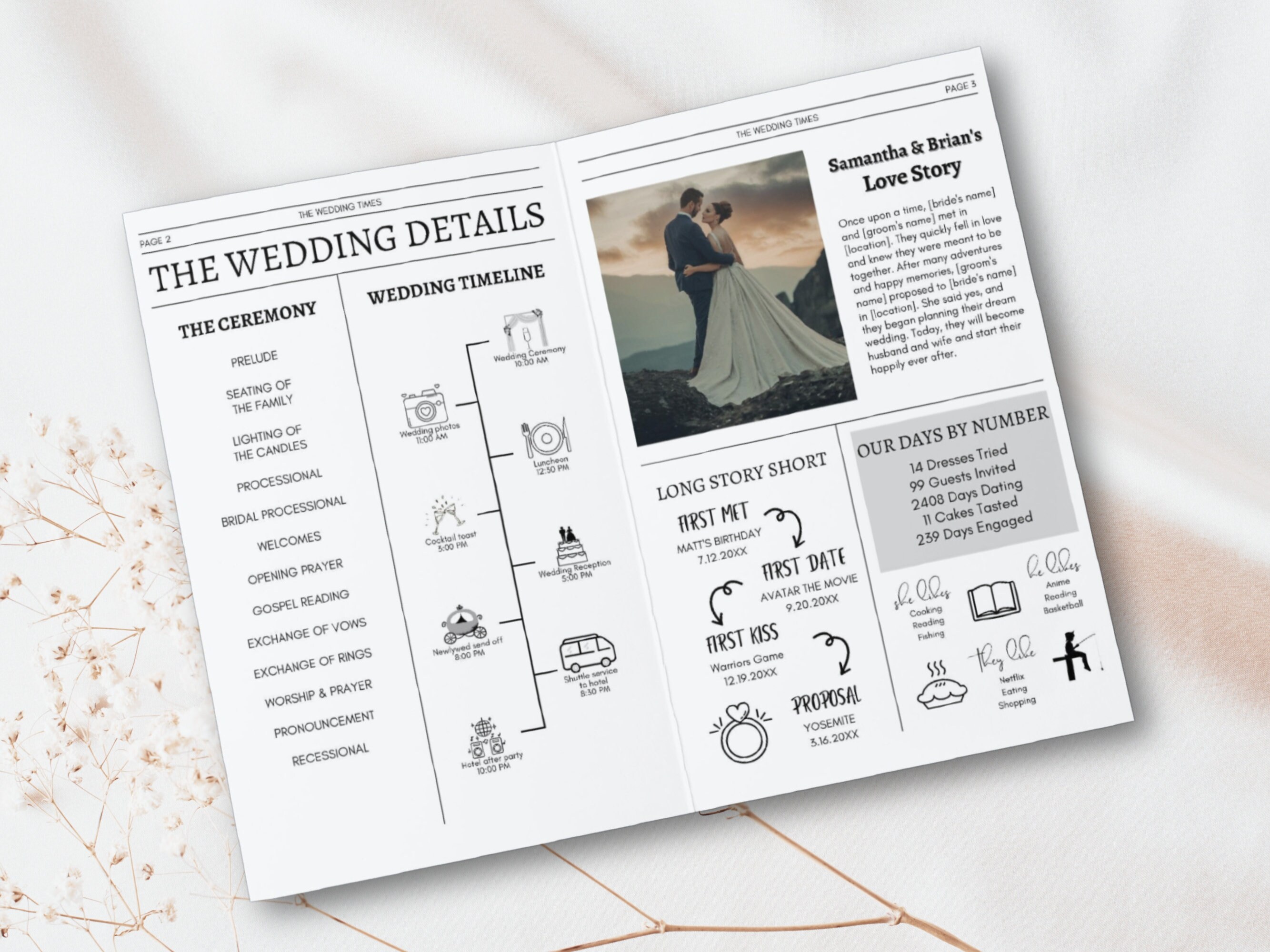 Folded Newspaper Wedding Program, Canva Template, Printable Wedding ...