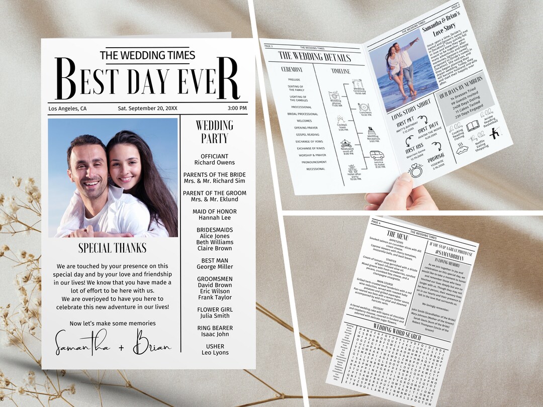 Folded Newspaper Wedding Program, Canva Template, Printable Wedding ...