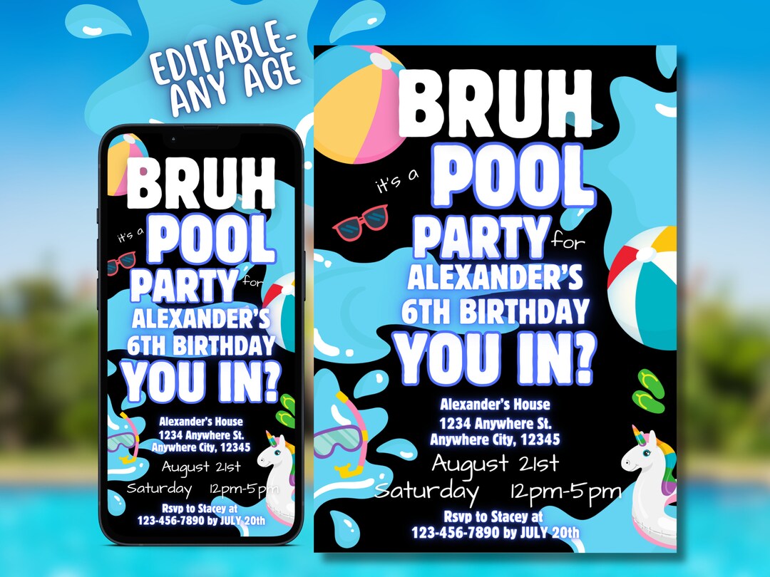 Bruh Birthday Invitation, Pool Party Editable Invite, Summer Birthday ...