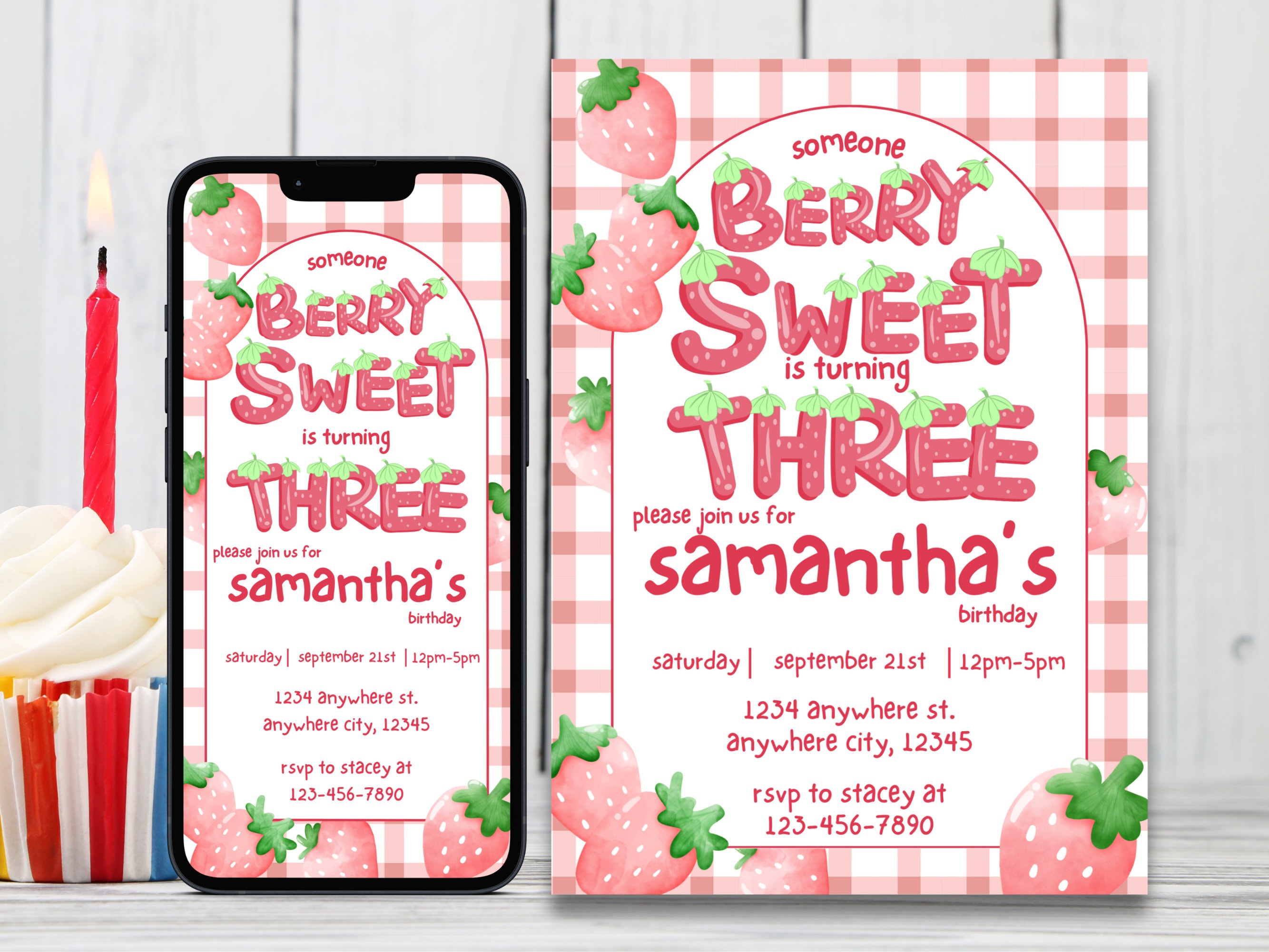 Girl Birthday Editable Invitation Berry Sweet 3rd Birthday Digital ...