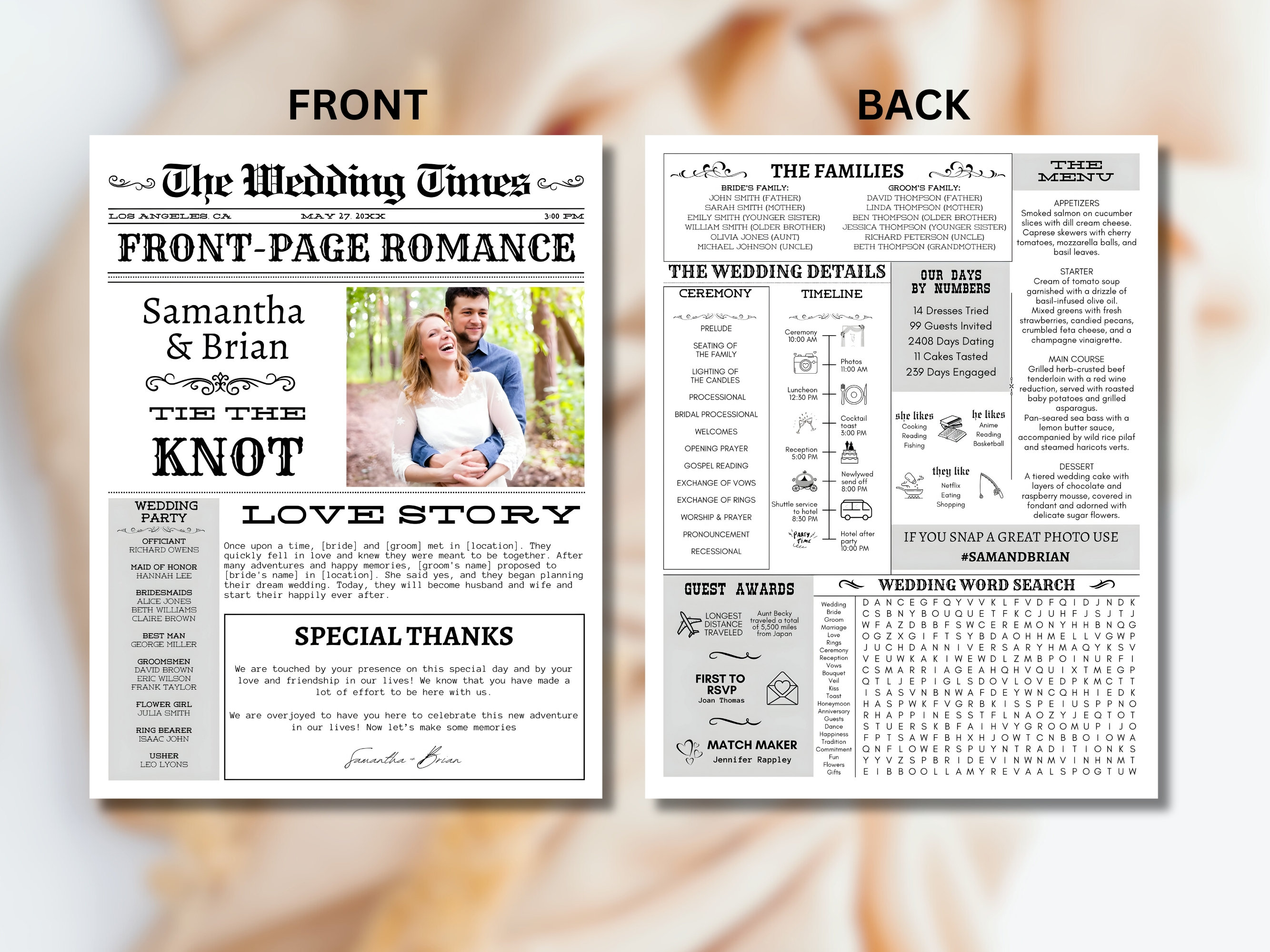 Newspaper Wedding Program Template Printable Wedding Program Timeline ...