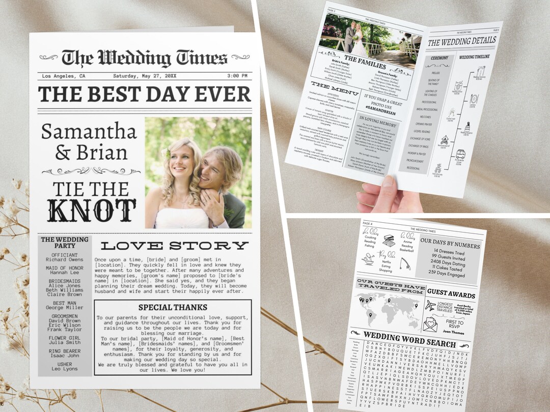 Folded Newspaper Wedding Program, Canva Template, Printable Wedding ...