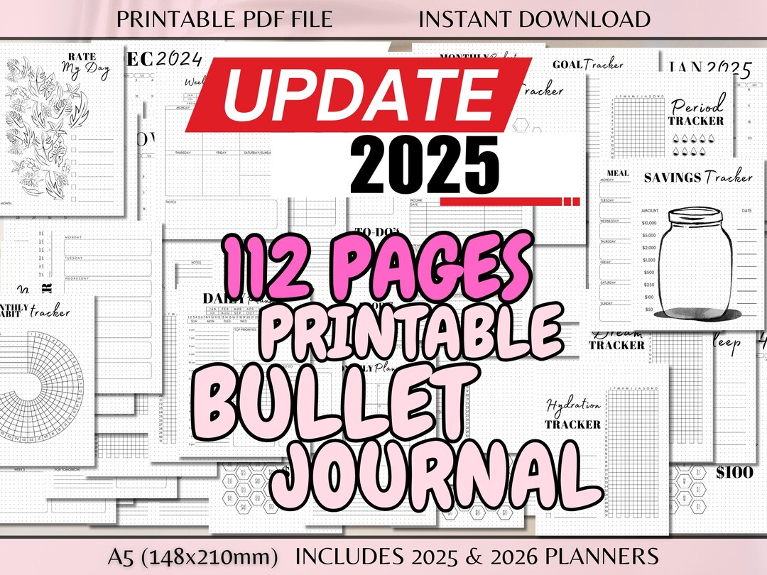 Printable Yearly Bullet Journal Bujo Spread A5 Size Daily Weekly ...