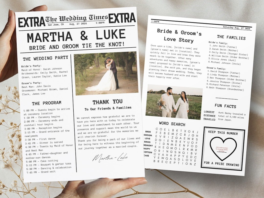 Newspaper Wedding Program Template Printable Wedding Program Timeline ...