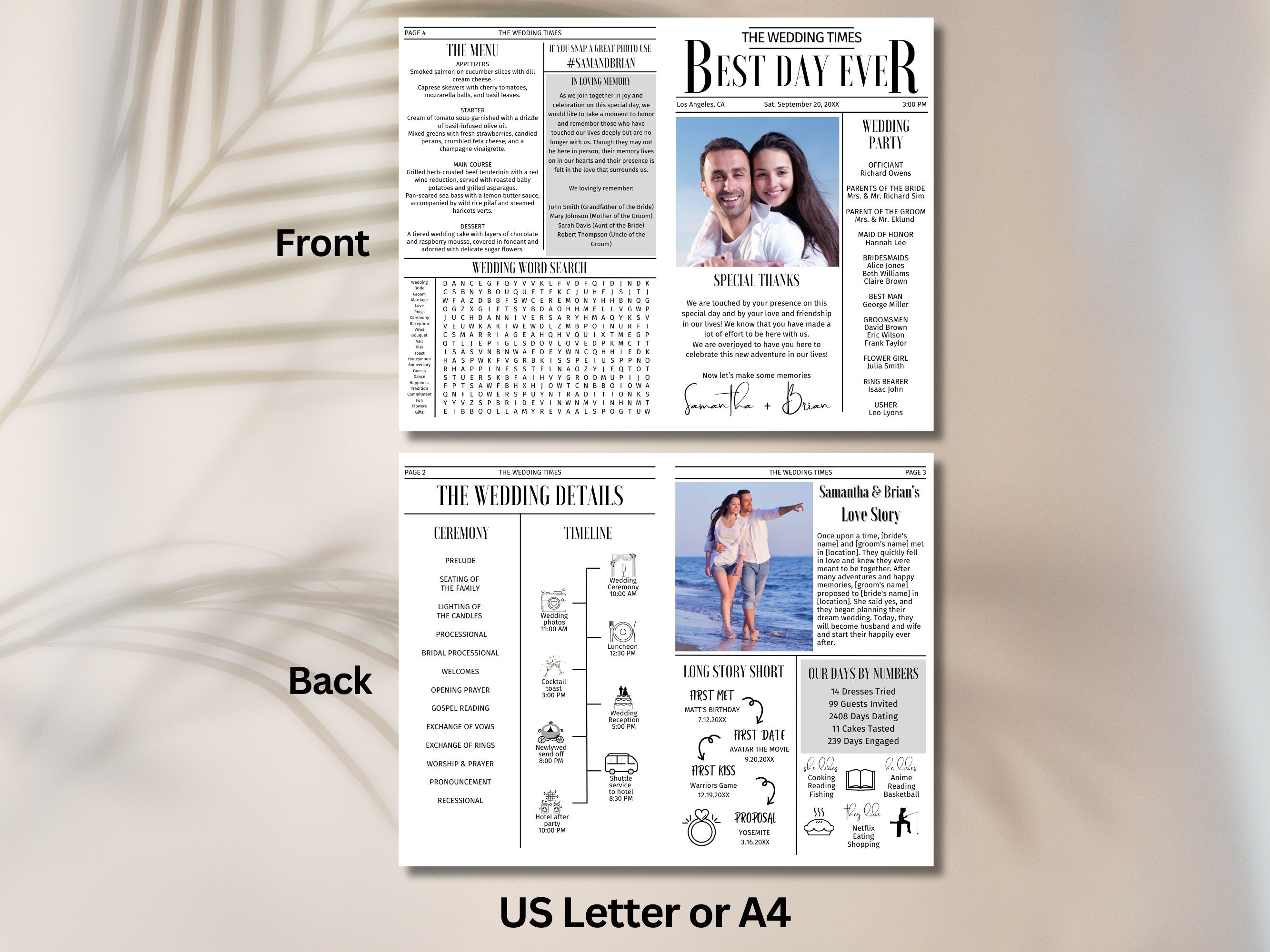 Folded Newspaper Wedding Program Canva Template Printable - Etsy