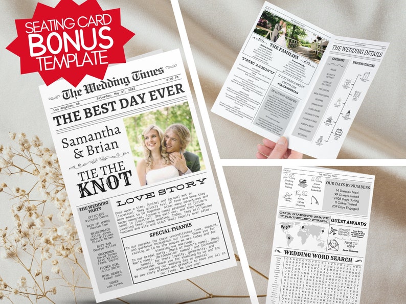 Folded Newspaper Wedding Program Canva Template Printable - Etsy
