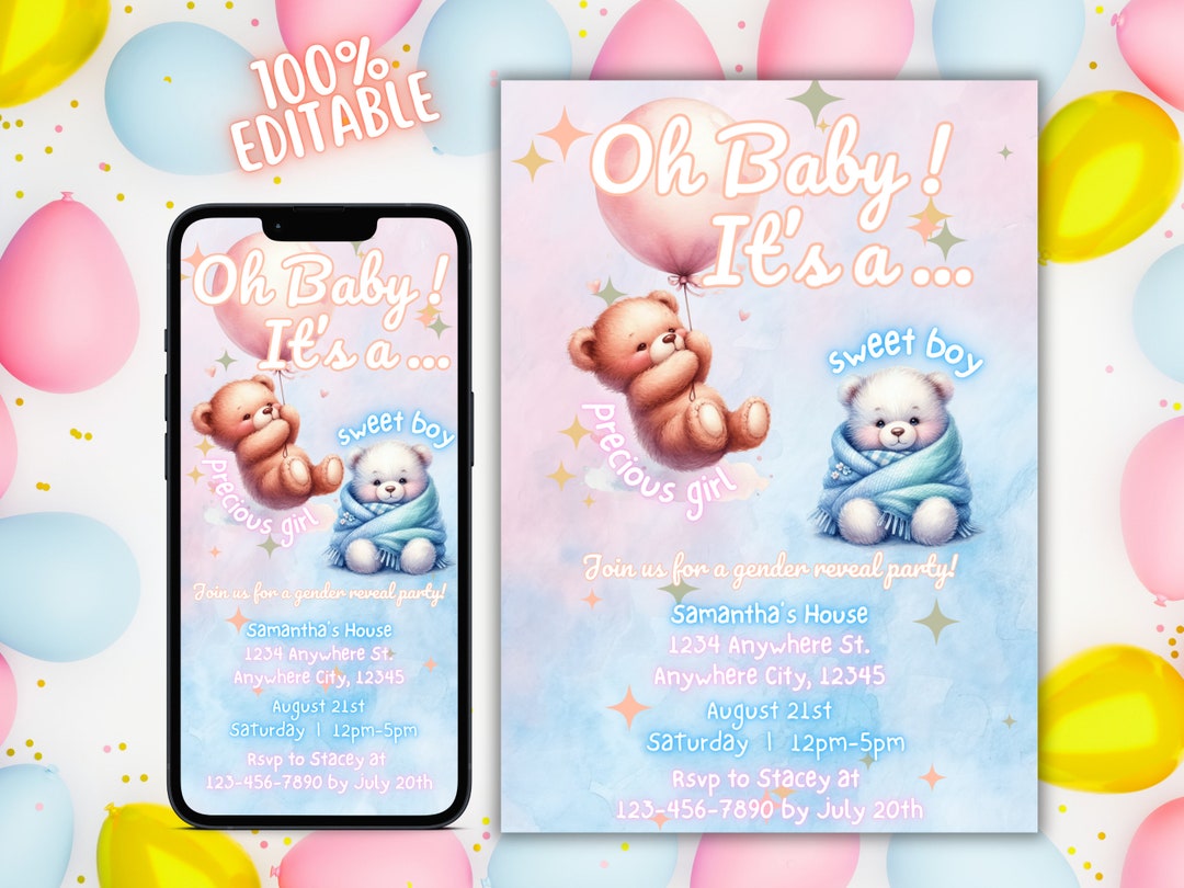 Gender Reveal Editable Invitation, Teddy Bear Gender Reveal Invite ...
