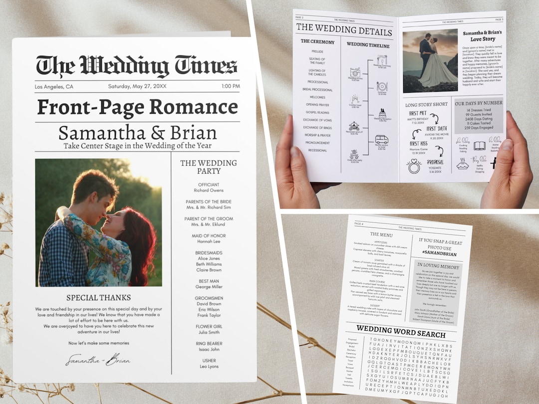 Folded Newspaper Wedding Program, Canva Template, Printable Wedding ...