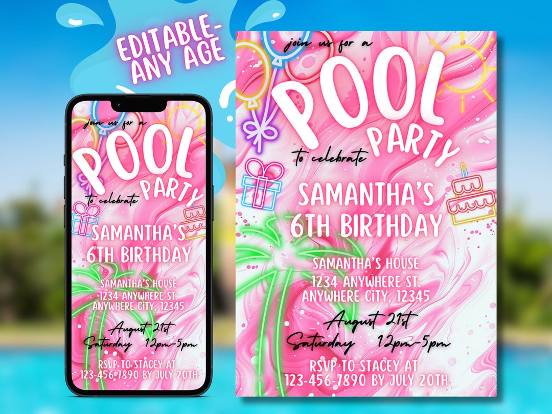 Pool Party Editable Invitation, Summer Birthday Party Evite, Text ...