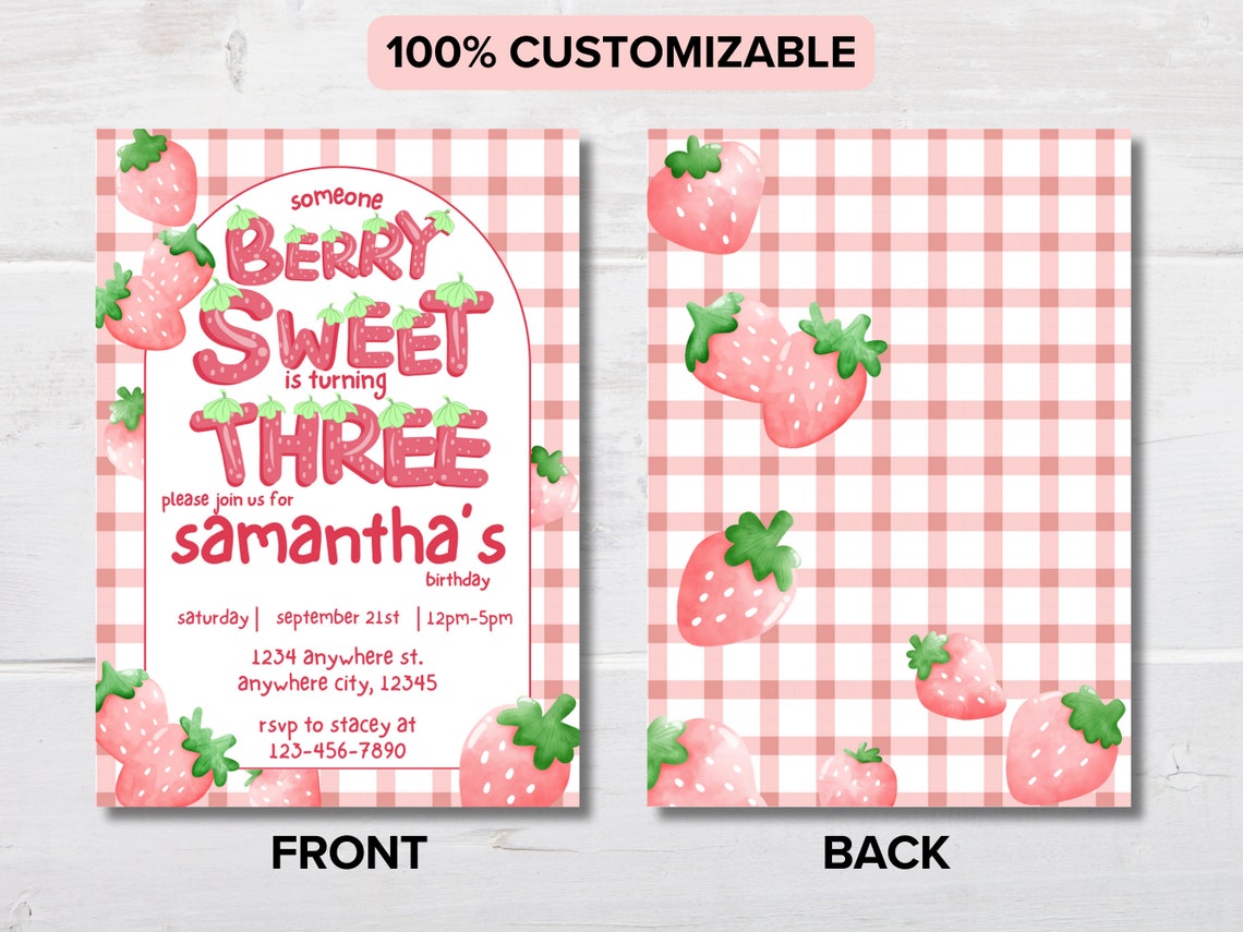 Girl Birthday Editable Invitation Berry Sweet 3rd Birthday Digital ...