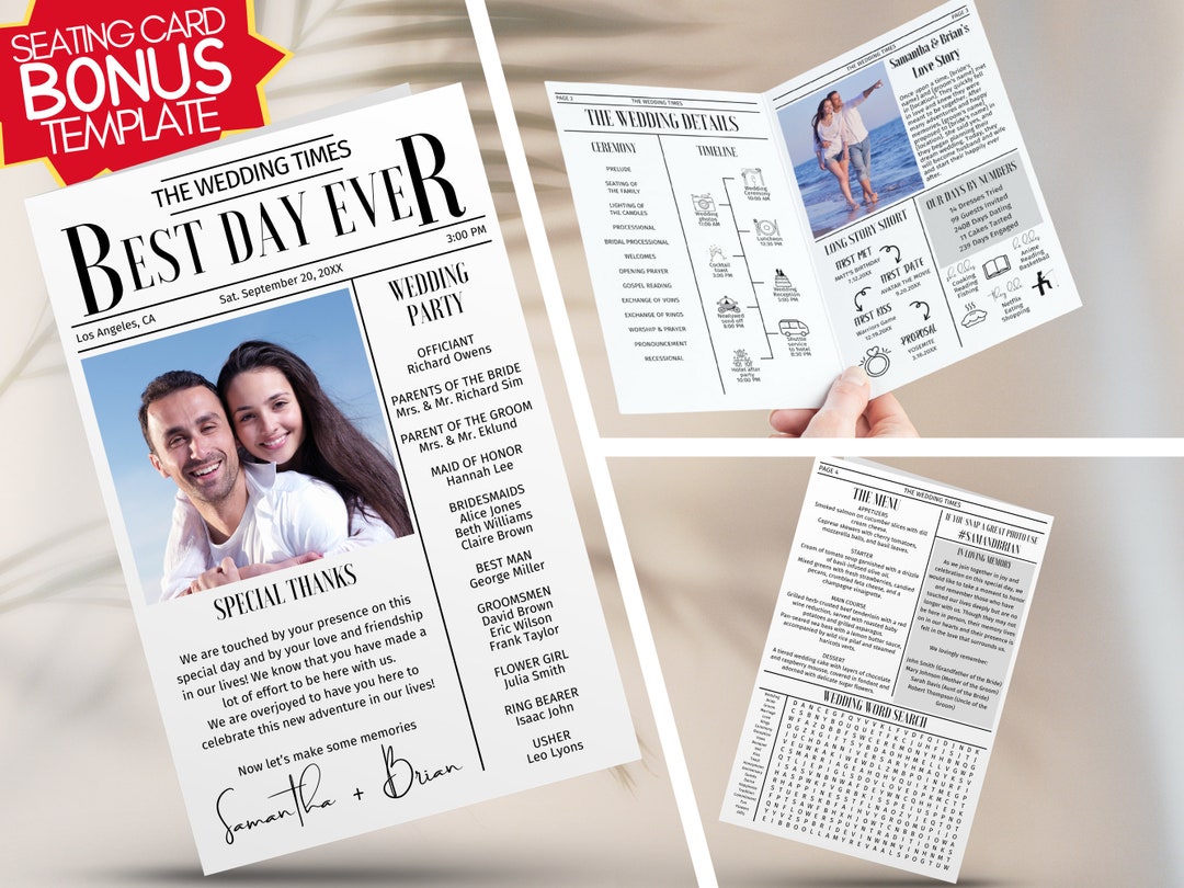 Folded Newspaper Wedding Program Canva Template Printable - Etsy