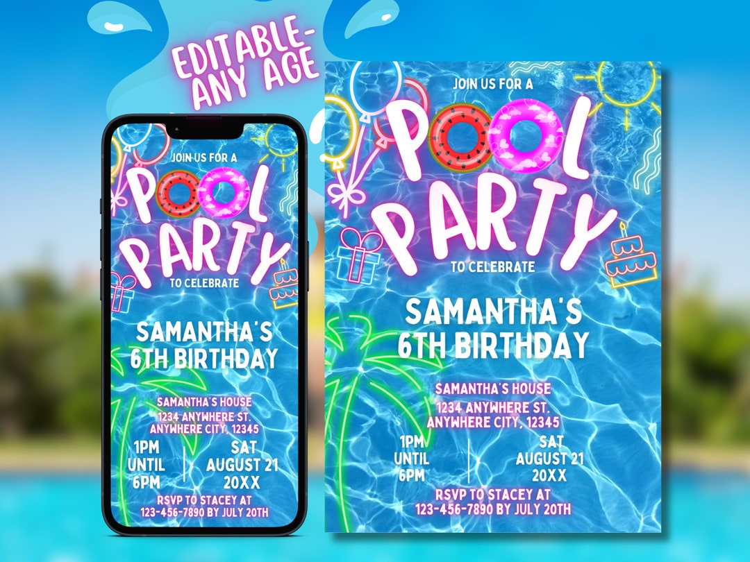 Pool Party Editable Invitation, Summer Birthday Party Evite, Text ...