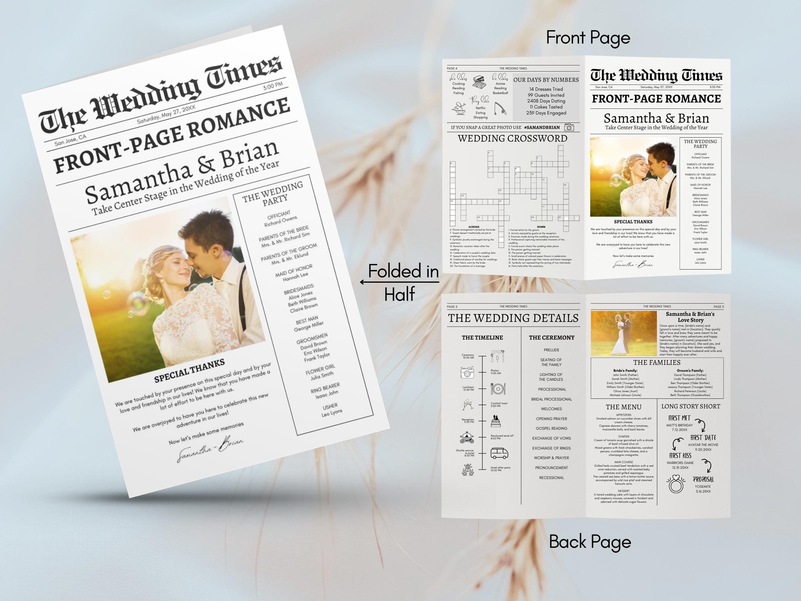 Folded Newspaper Wedding Program Template Printable Wedding - Etsy UK
