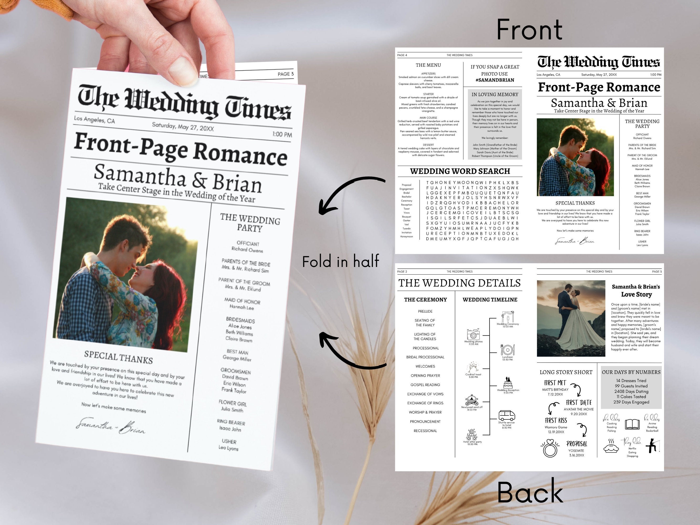 Folded Newspaper Wedding Program, Canva Template, Printable Wedding ...
