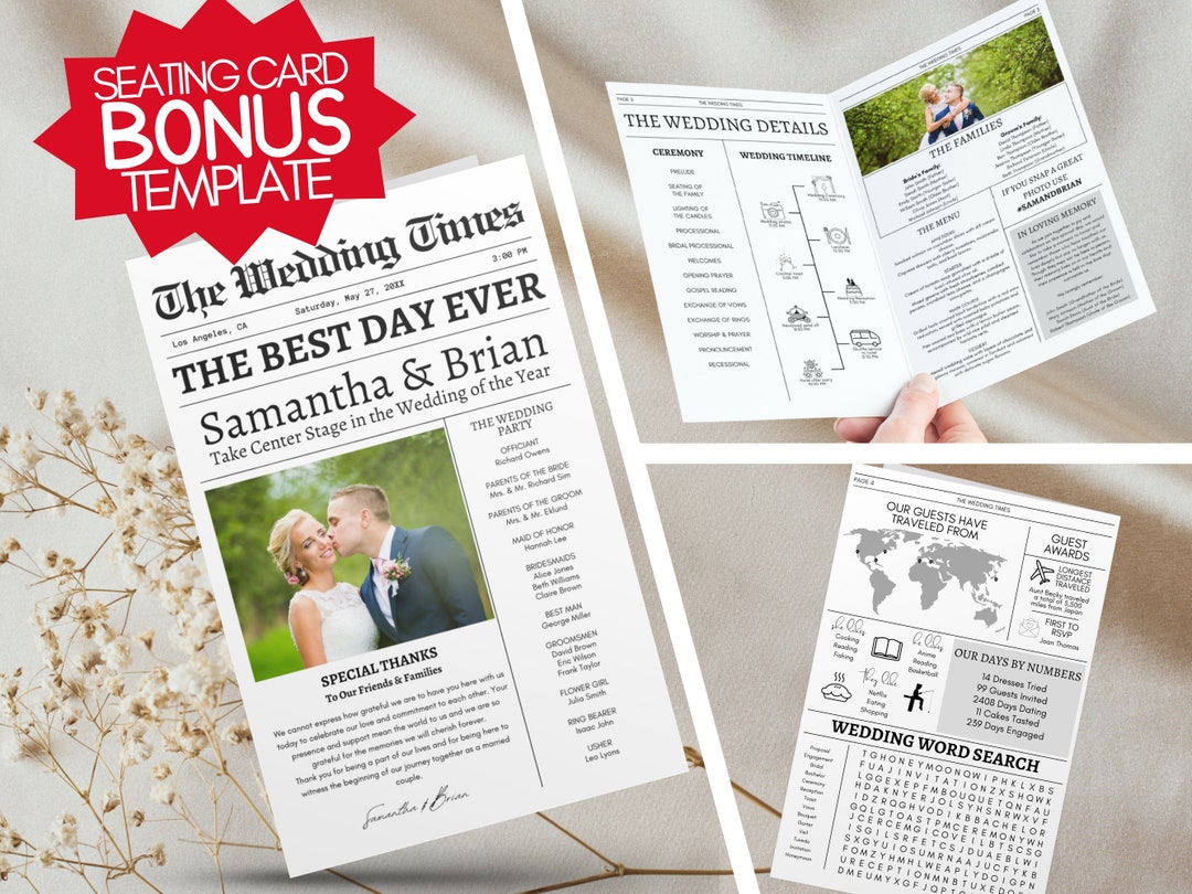 Folded Newspaper Wedding Program Template Printable Wedding - Etsy