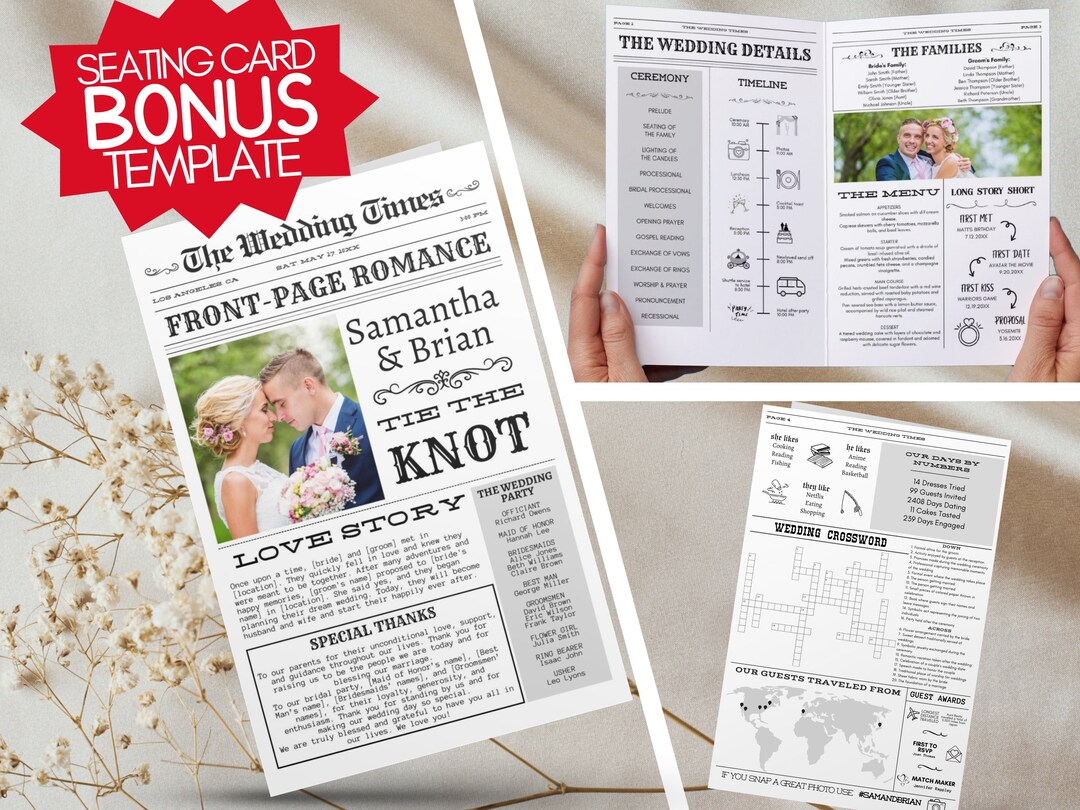 Folded Newspaper Wedding Program Template Printable Wedding - Etsy