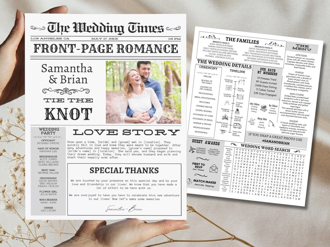 Newspaper Wedding Program Template Printable Wedding Program Timeline ...