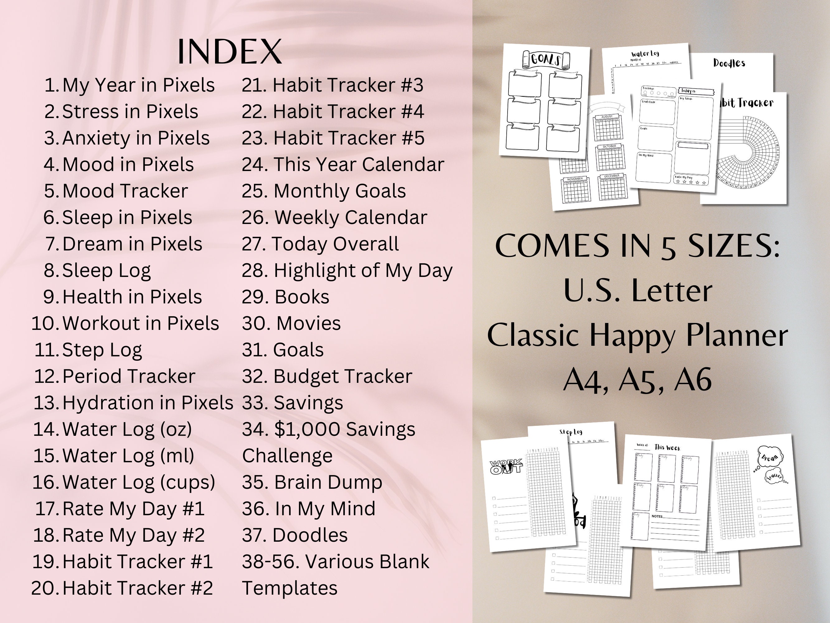 Bullet Journal anual imprimible Bujo US Carta A4 A5 A6 Tamaño del ...