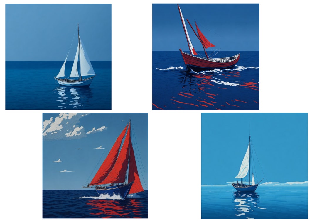 Digital Download Set of 4 Simple Small Sail Boat Paintings Posters Wall ...