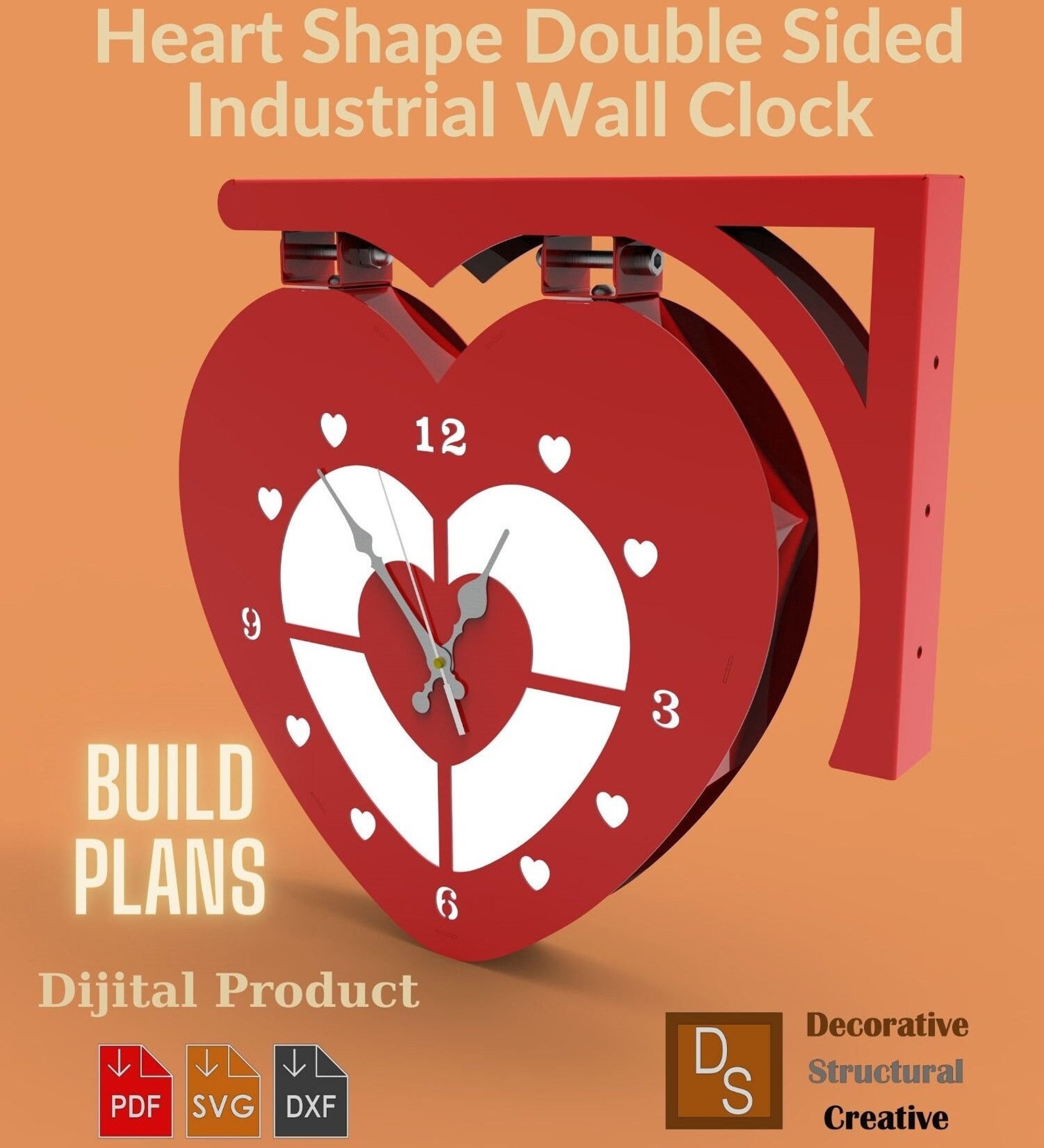 Heart Shape Double Sided Industrial Wall Clock - Printable PDF, DXF ...
