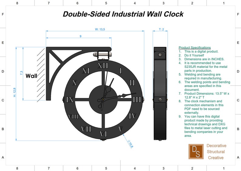 Circular Double Sided Industrial Wall Clock Printable PDF, DXF, SVG Diy ...