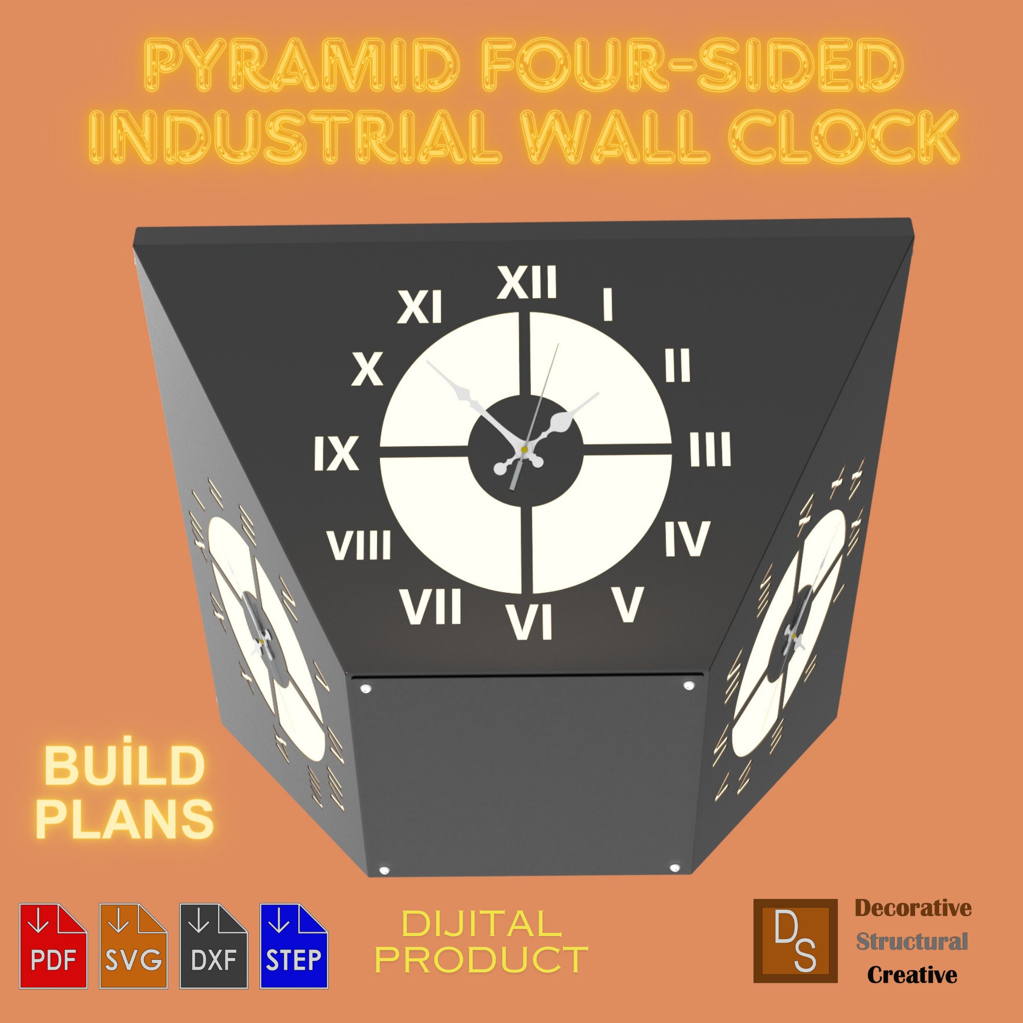 Pyramid 4-sided Industrial Wall Clock - Printable PDF, DXF, SVG, Step ...