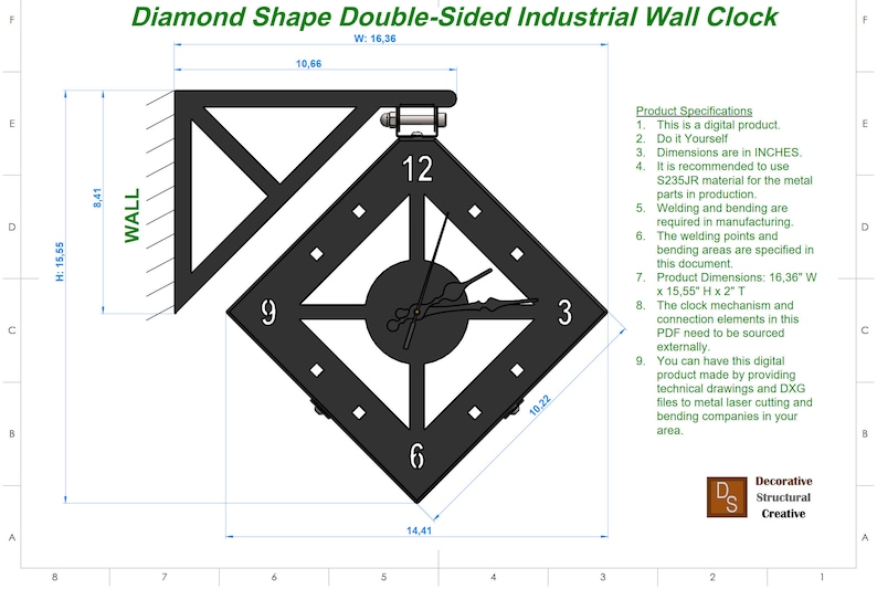 Diamond Shape Double Sided Industrial Wall Clock - Printable PDF, DXF ...
