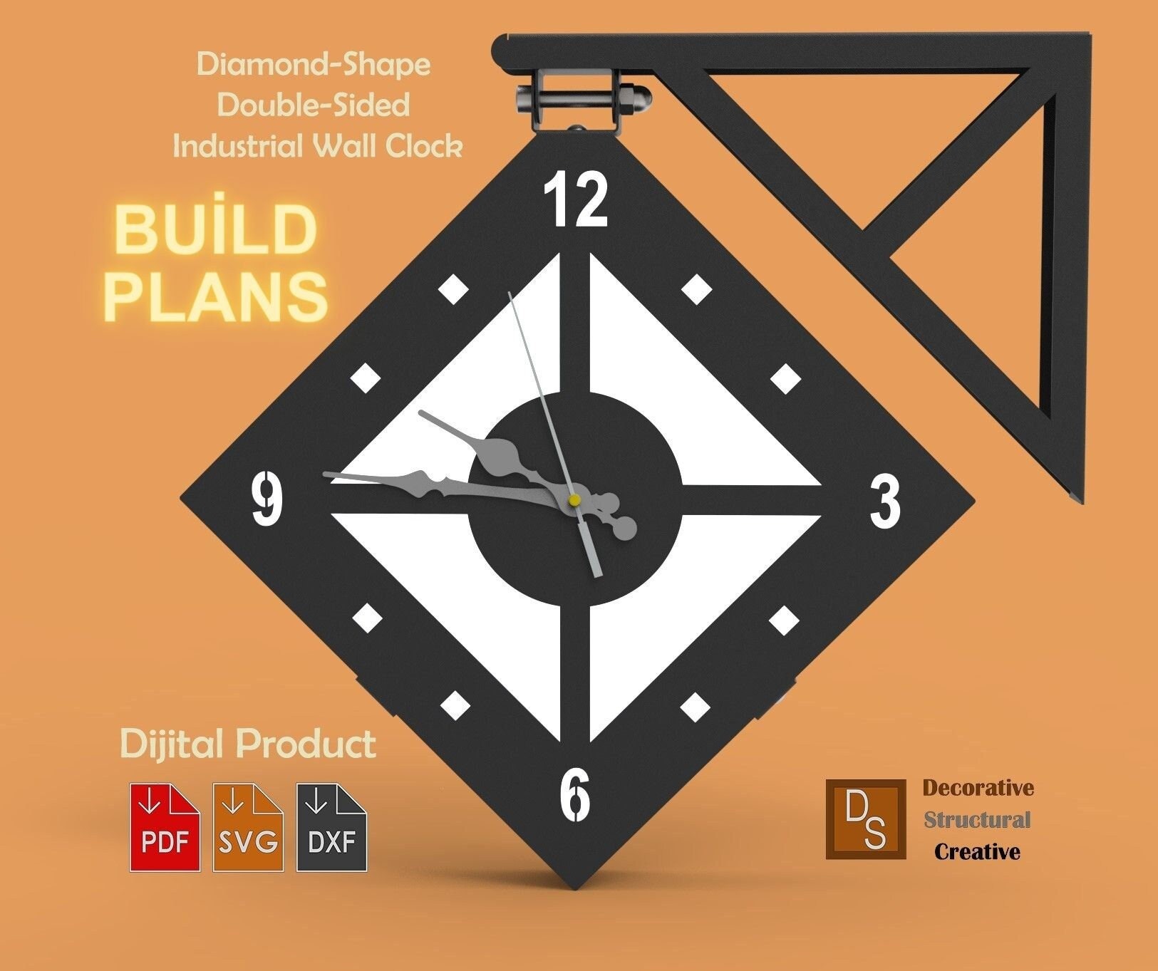 Diamond Shape Double Sided Industrial Wall Clock - Printable PDF, DXF ...