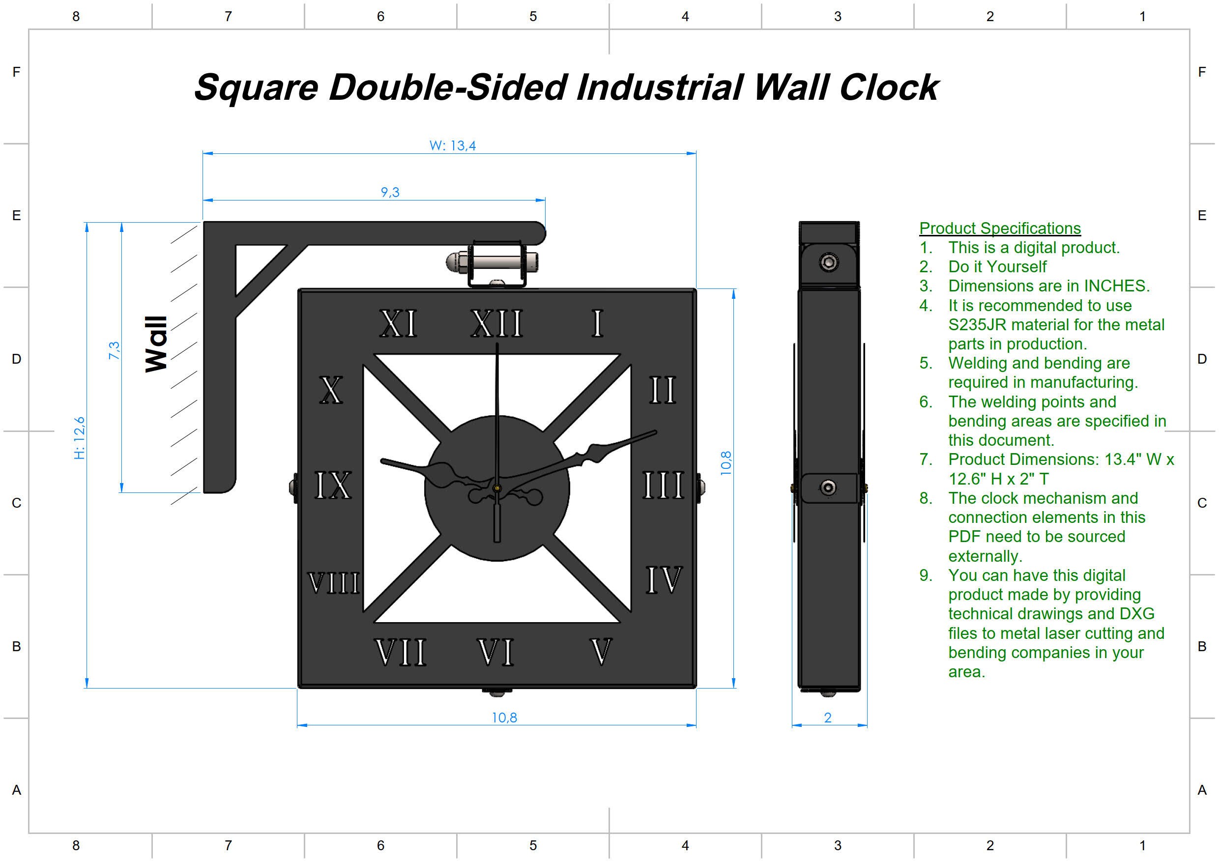 Square Double Sided Industrial Wall Clock - Printable PDF, DXF, SVG ...