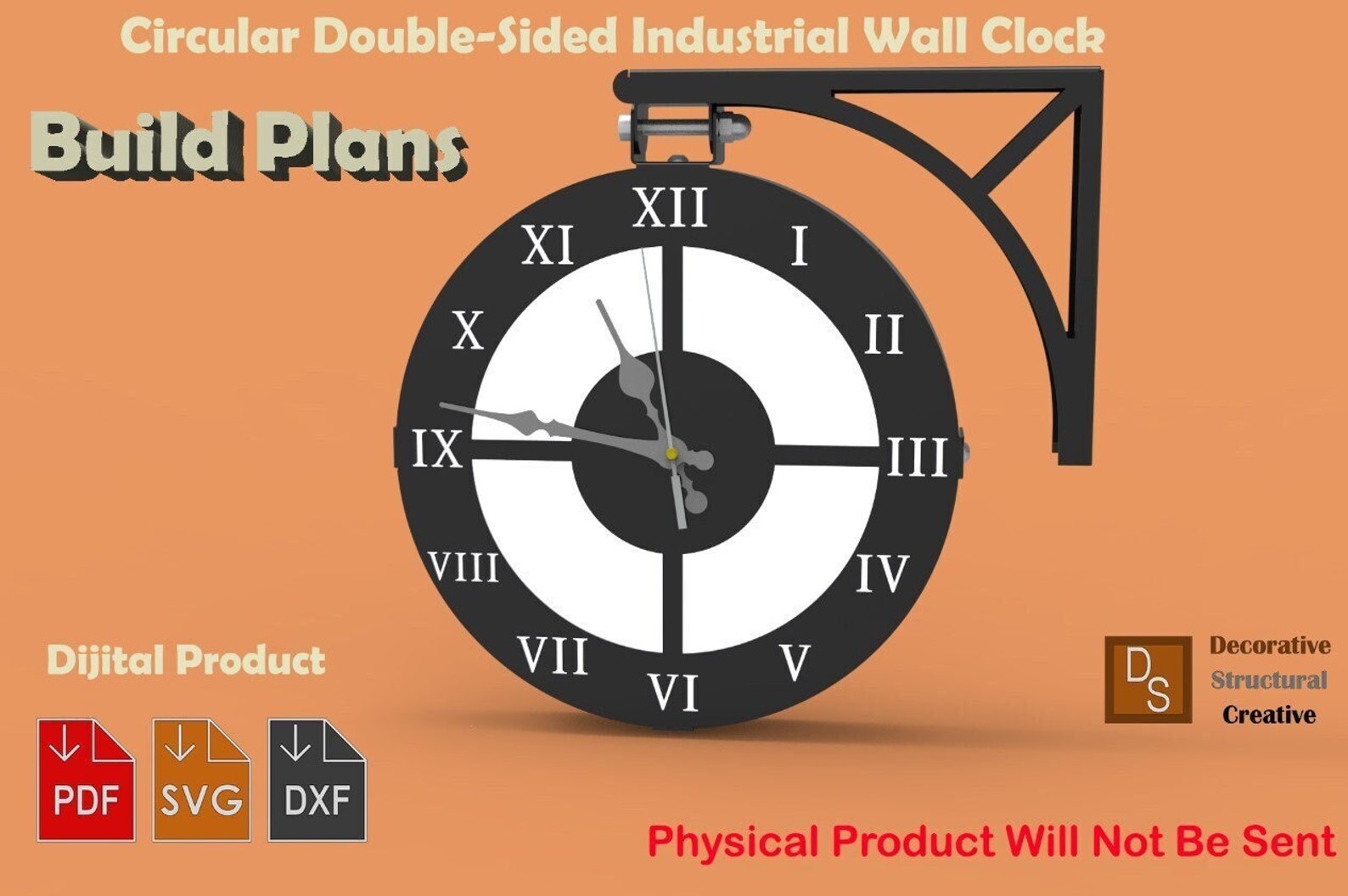 Circular Double Sided Industrial Wall Clock - Printable PDF, DXF, SVG ...
