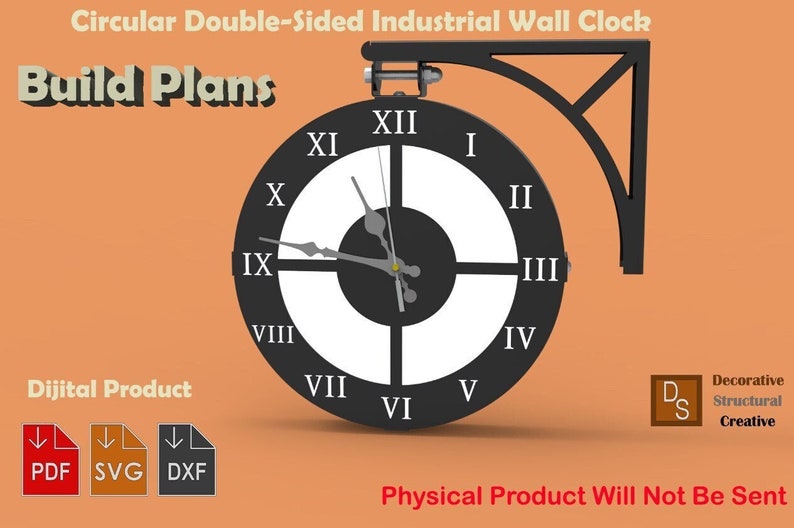 Circular Double Sided Industrial Wall Clock - Printable PDF, DXF, SVG ...