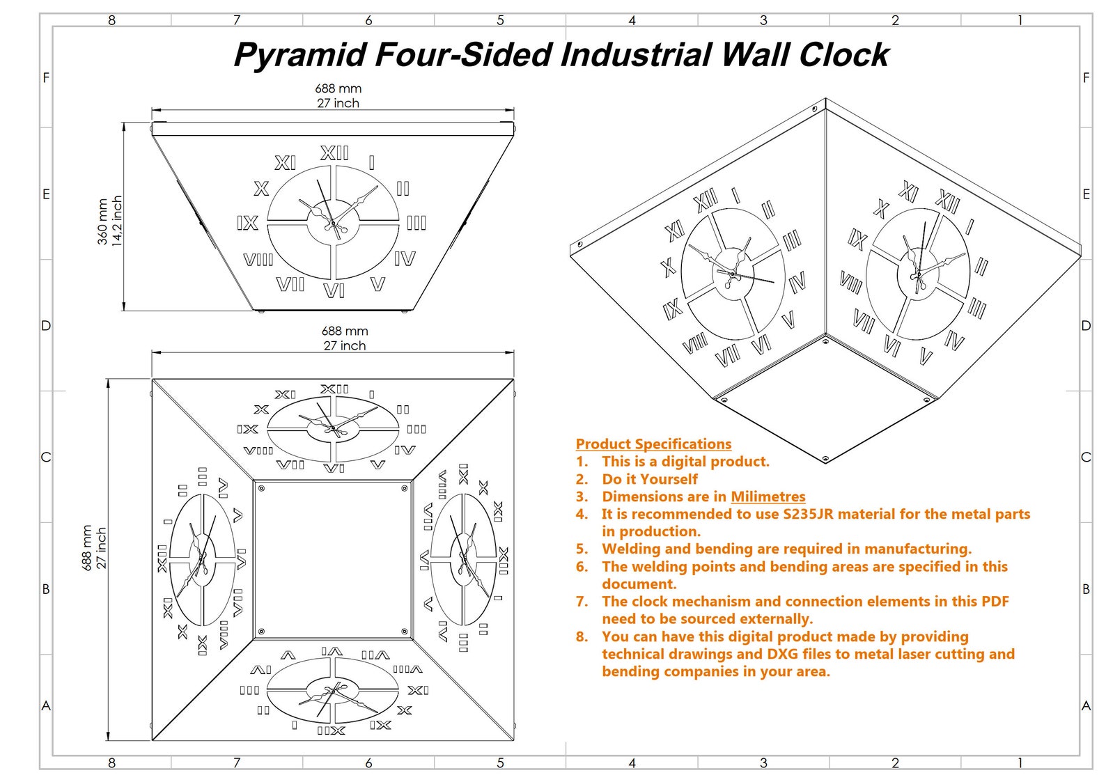 Pyramid 4-sided Industrial Wall Clock Printable PDF, DXF, SVG, Step Diy ...