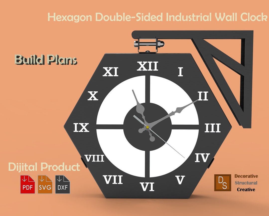 Hexagon Double Sided Industrial Wall Clock - Printable PDF, DXF, SVG ...