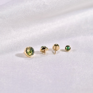 14K Solid Gold Moss Agate Threadless Push Pin, Round Natural Gemstone ...