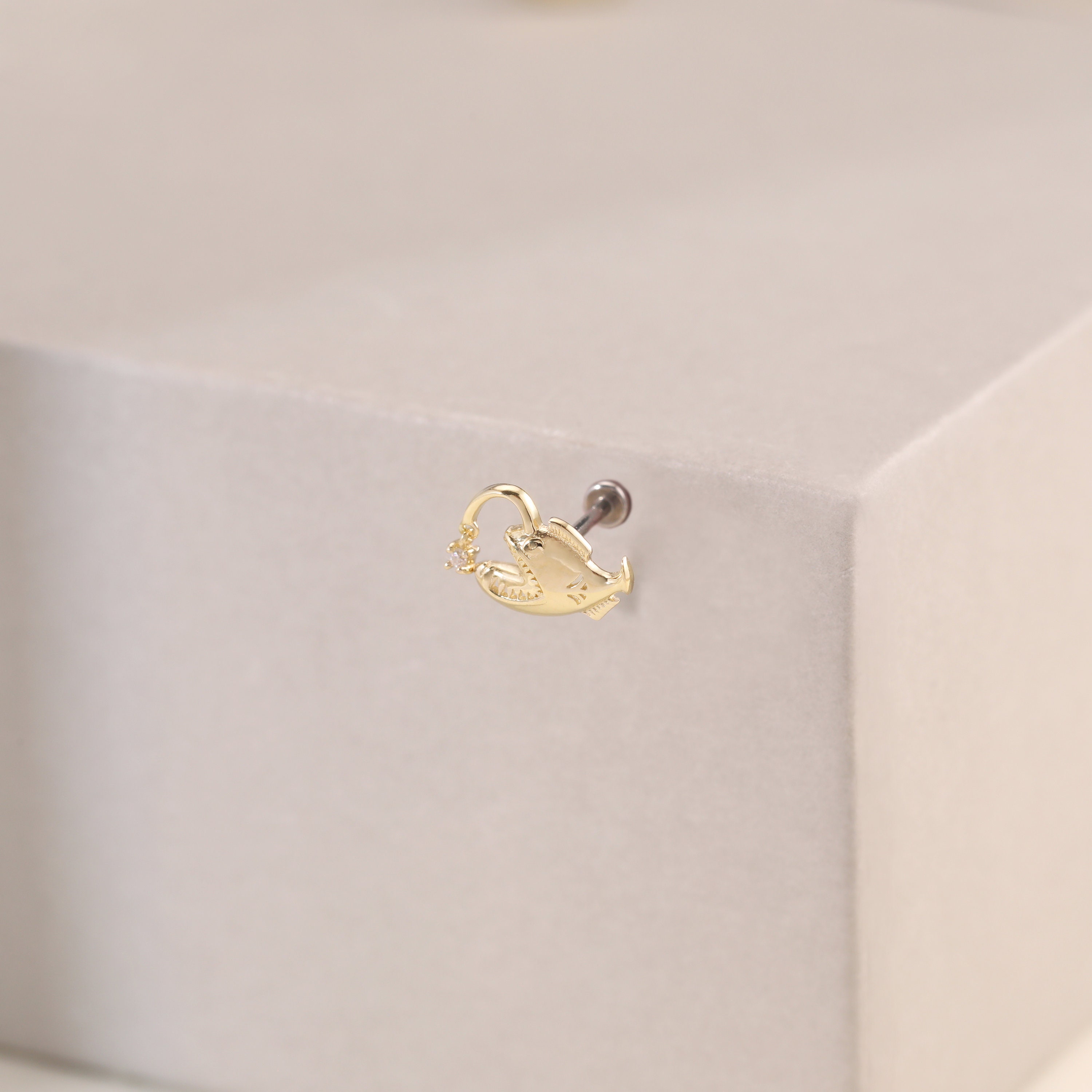 14k Solid Gold Anglerfish Moissanite Push Pin Stud, Gemstone Fish ...
