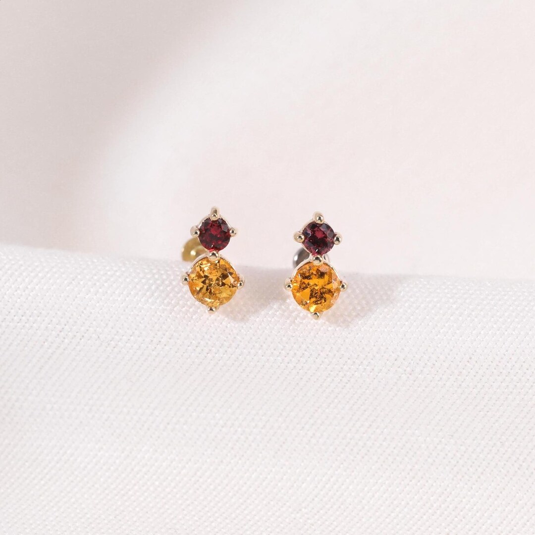14K Solid Gold Citrine With Orange Sapphire Stud, Gemstone Helix Conch ...