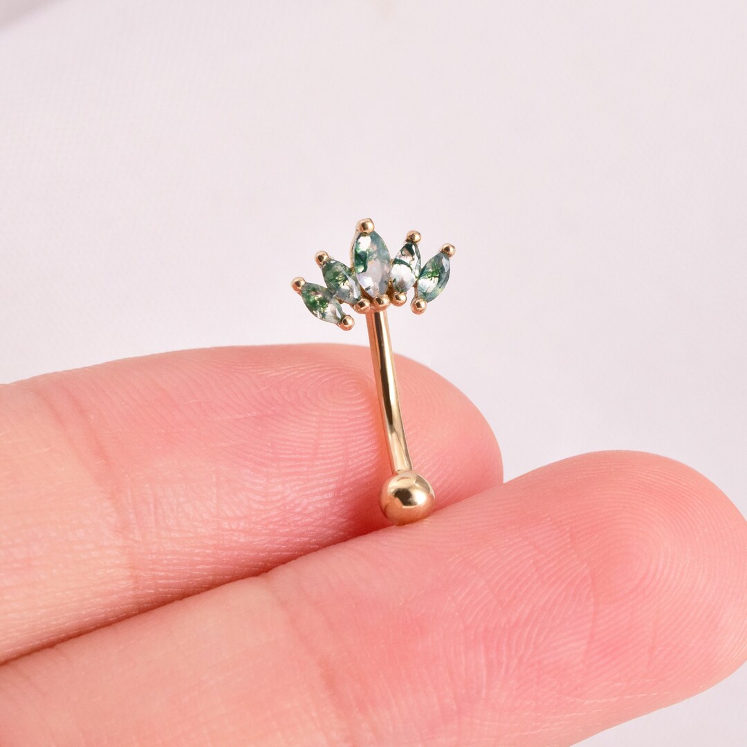 14K Solid Gold Moss Agate Fan Shape Rook Earring Crown Rook Piercing ...