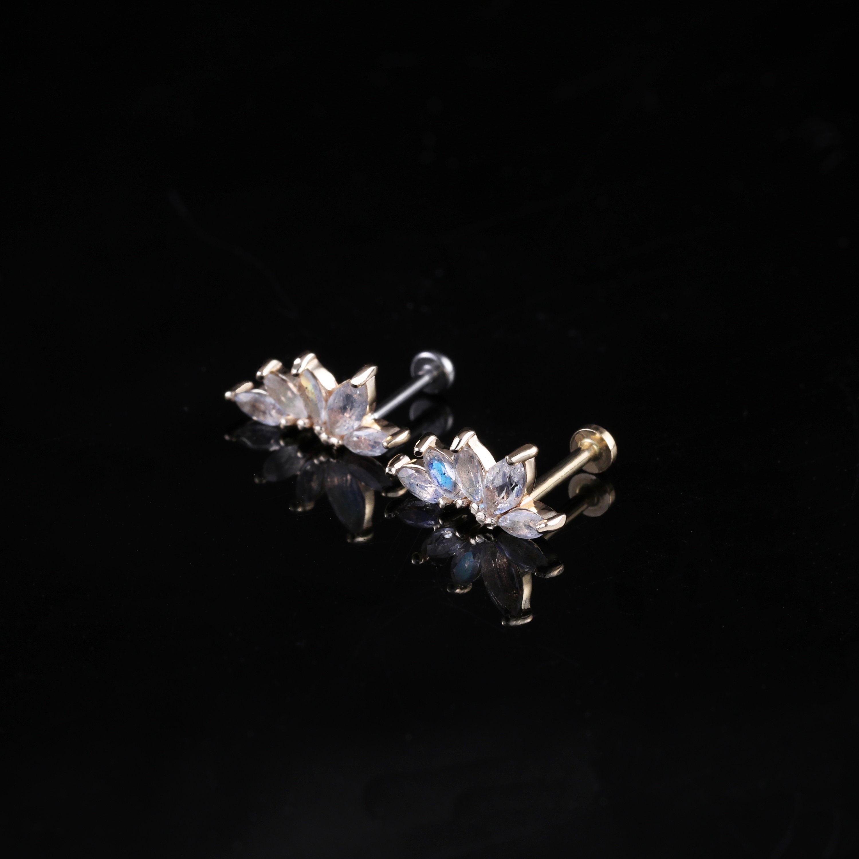 Solid 14K Gold Lotus Labradorite Stud, Helix Cartilage Lobe Tragus Flat ...