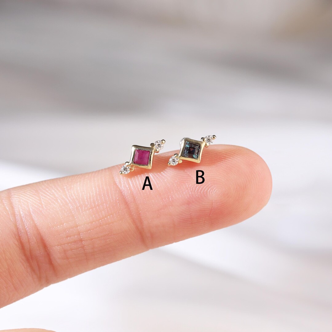 14K Solid Gold Ruby With Moissanite Earring, Princess Cut Alexandrite ...